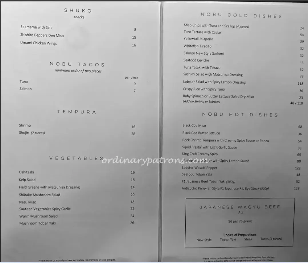 Nobu Singapore Menu Prices 2024